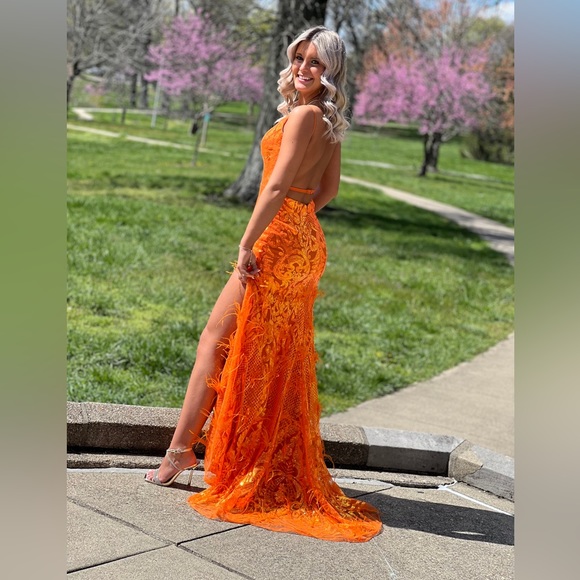 Sonia | Dresses | Sonia Jade Sequin Lace V Neck Open Back Mermaid Prom Dress W Slit Feathers ...